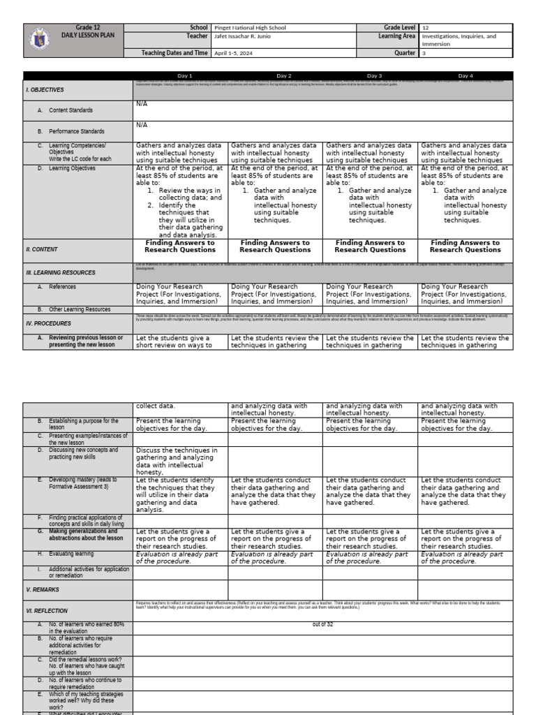 Sample Lesson Plans on Inquiries, Investigations, and Immersion for HUMS 12 | PDF | Inquiry | Data