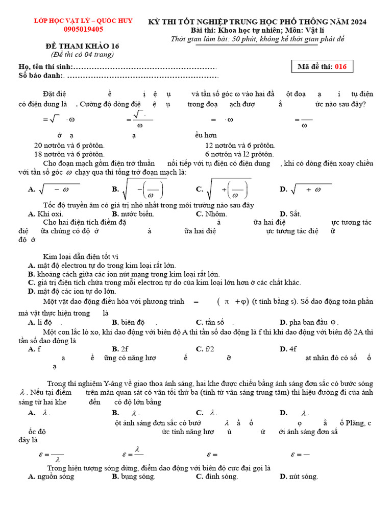 Luyen Thi Dai Hoc 2024 - De 016 Da | PDF
