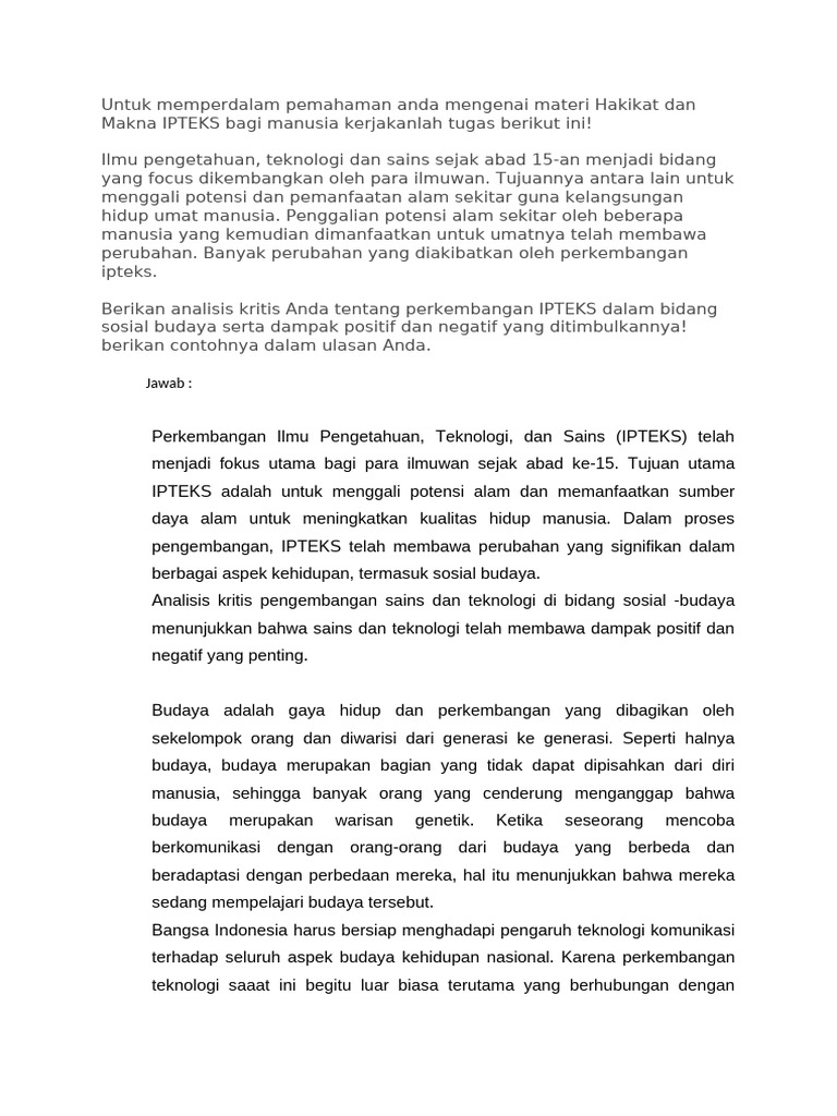 Untuk Memperdalam Pemahaman Anda Mengenai Materi Hakikat Dan Makna IPTEKS Bagi Manusia ...