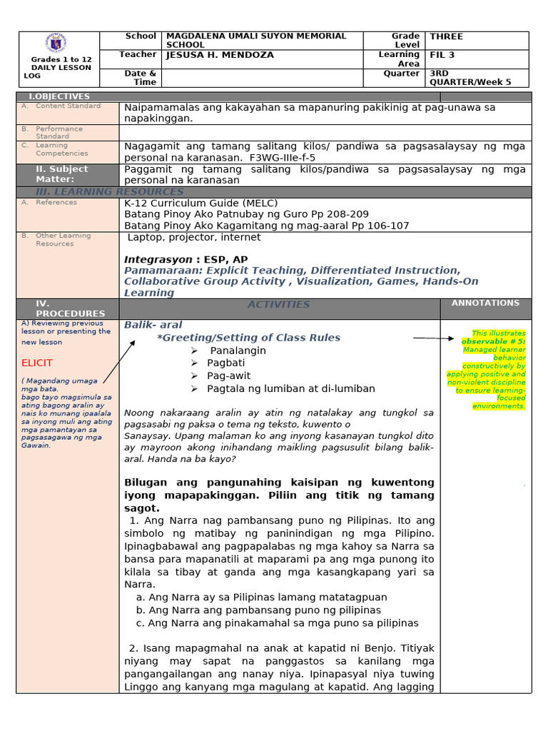 q3 Cot Filipino 3 Week 5 Pandiwa | PDF