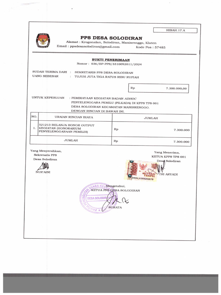 TPS 001 - BP, SPTJB, Lampiran SPTJB Dan SP - Honorarium Penyelenggaraan Pemilih | PDF