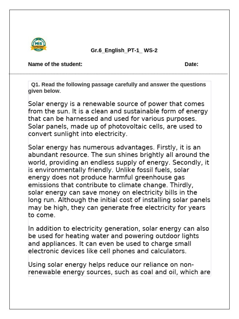 Grade6_WS_2_ English | PDF | Solar Energy | Renewable Energy