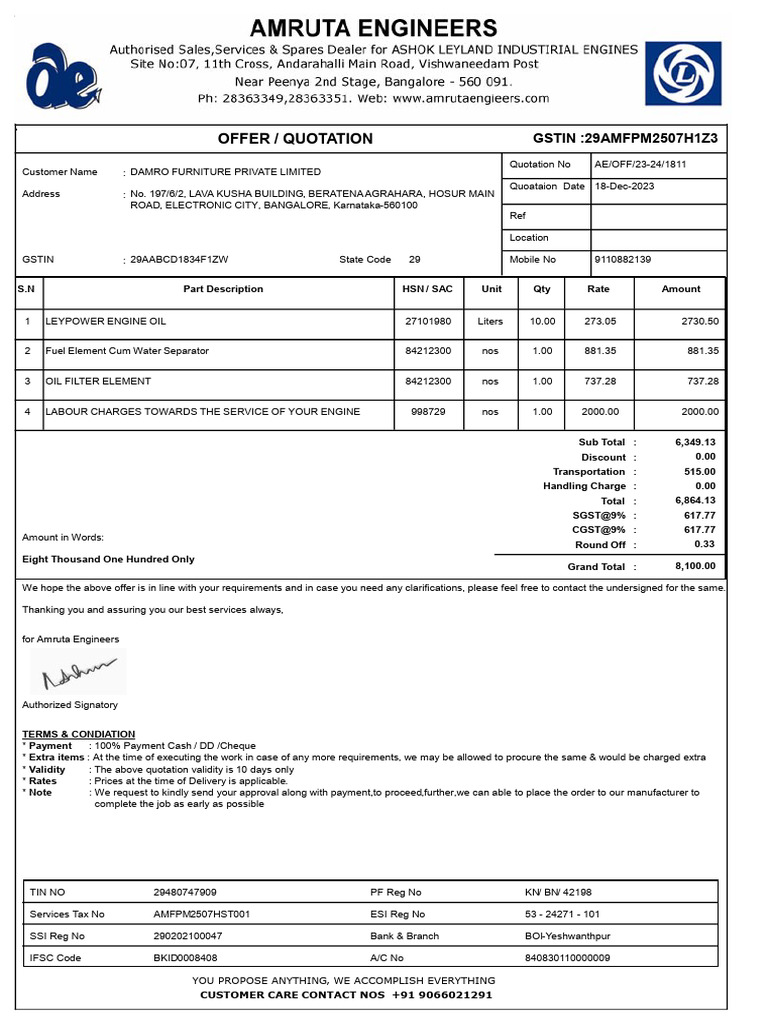 Damro Furniture Quotation Offer | PDF | Payments