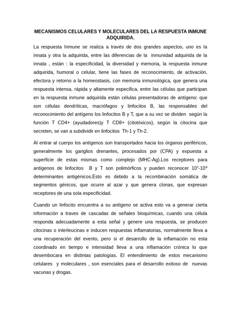 Resumen Mecanismos Celulares y Moleculares Del La Respuesta Inmune Adquirida | PDF | Linfocitos ...