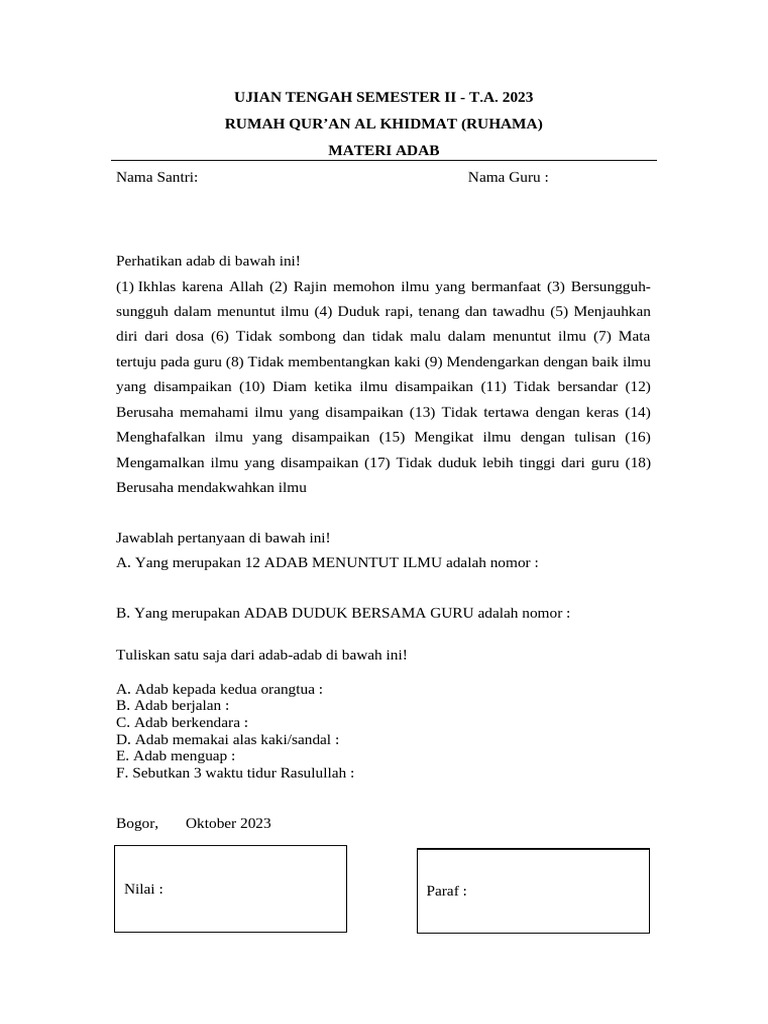 UTS Adab Kelas Bu Mimi | PDF