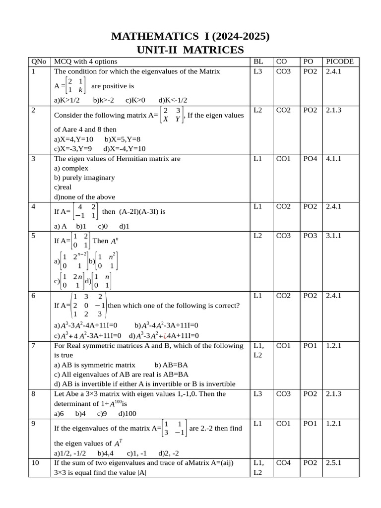 Unit 2 Mcq Matrices | PDF | Matrix (Mathematics) | Algebra
