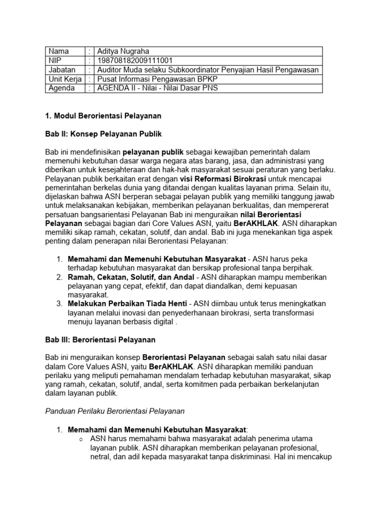 AGENDA II - Nilai - Nilai Dasar PNS (Resume) | PDF