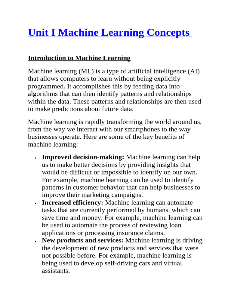 Unit I Machine Learning Concepts | PDF | Machine Learning | Artificial ...
