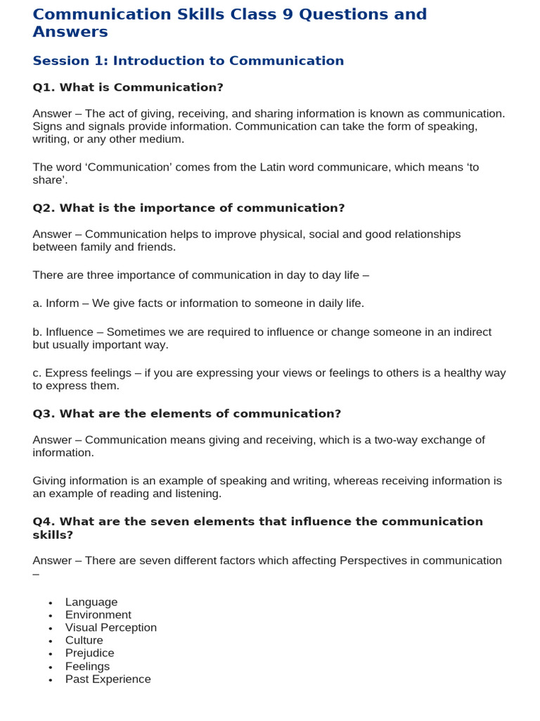 Communication Skills Class 9 Questions and Answers | PDF ...