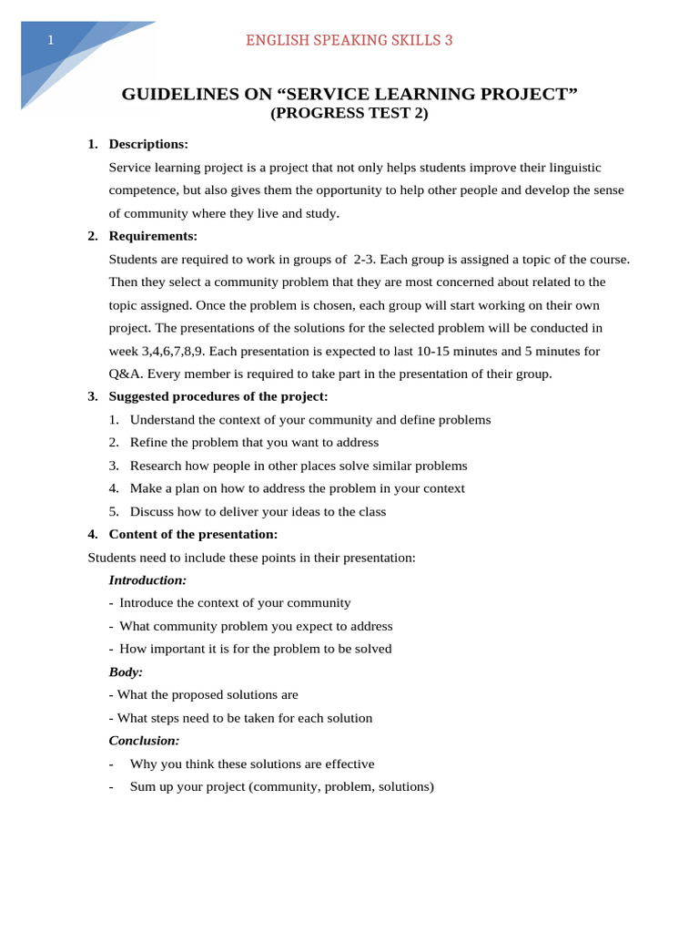 Service Learning Project Guide | PDF | Service Learning | Learning