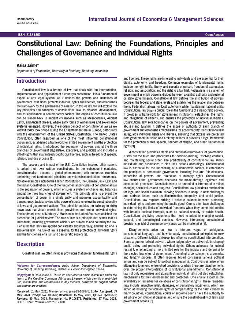 Constitutional Law Defining The Foundations Principles and Challenges of Governance and ...