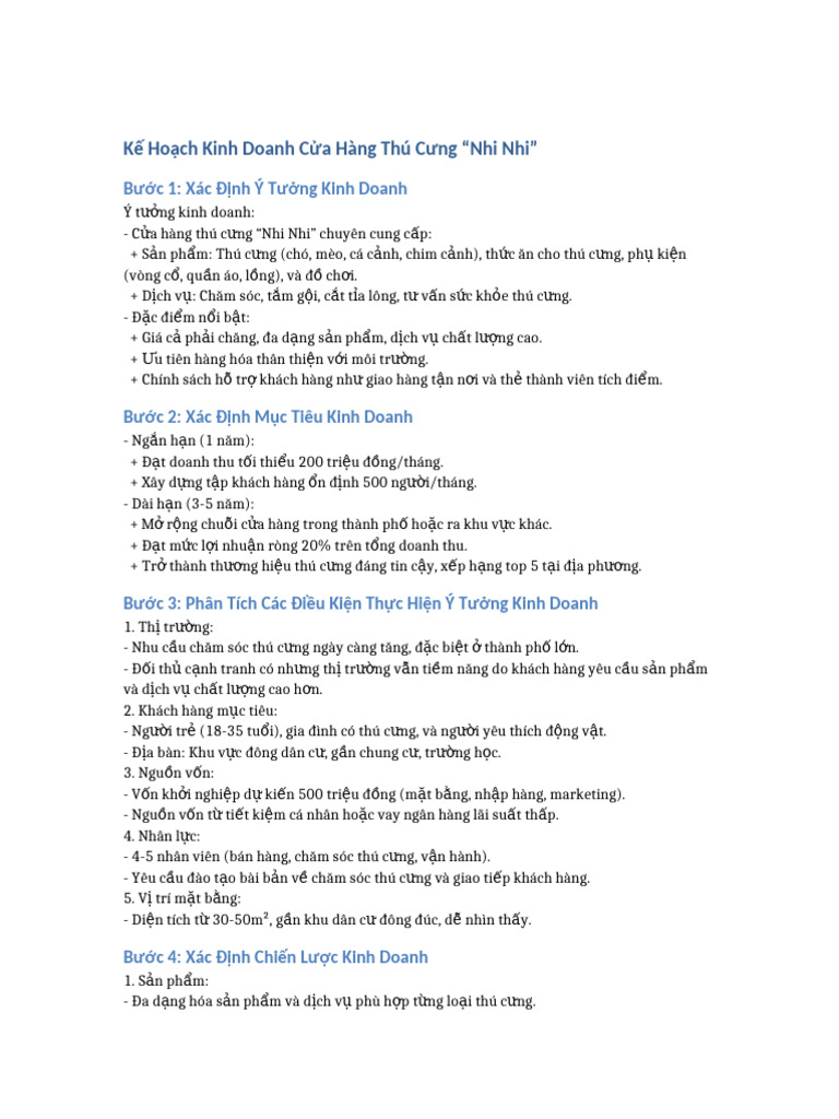 Kế Hoạch Kinh Doanh Cửa Hàng Thú Cưng Nhi Nhi | PDF