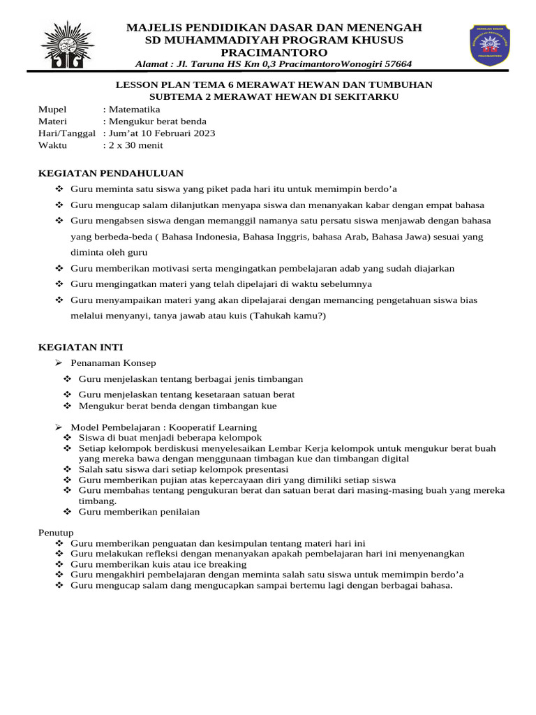Lesson Plan MTK Tema 6 Kelas 2 Aka | PDF