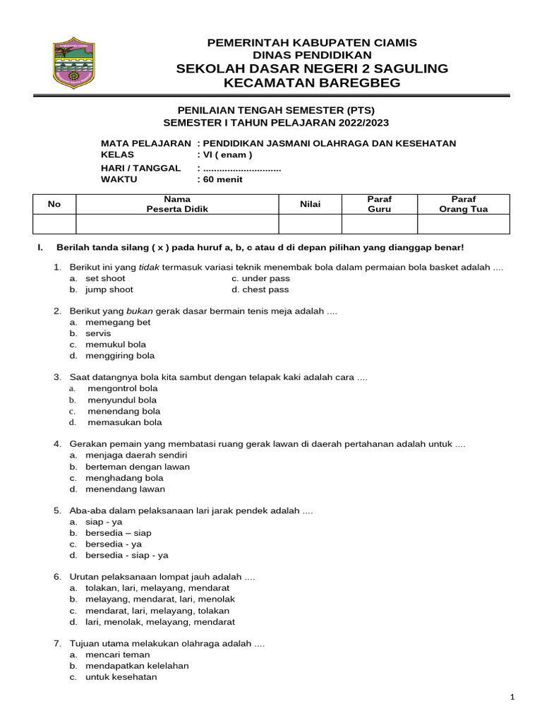 SOAL PTS PJOK KELAS 6 2022-2023 | PDF