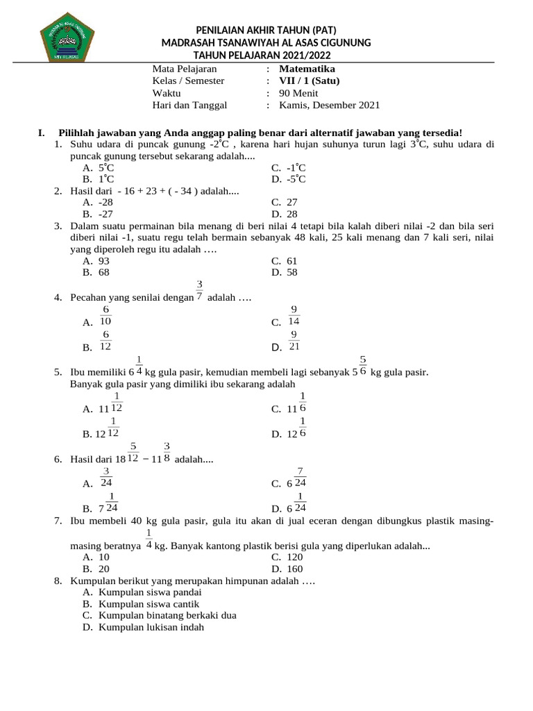 Soal PAS MTK Kelas 7 Al Asas | PDF