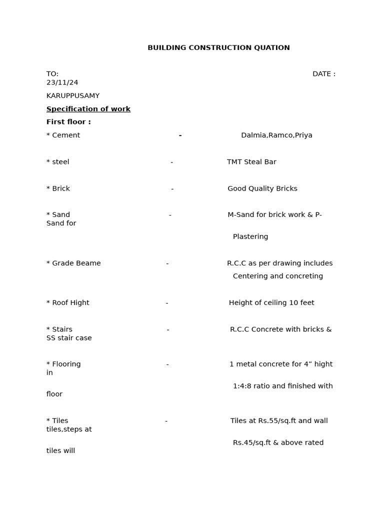 Building Construction Quotation Details | PDF | Concrete | Wall