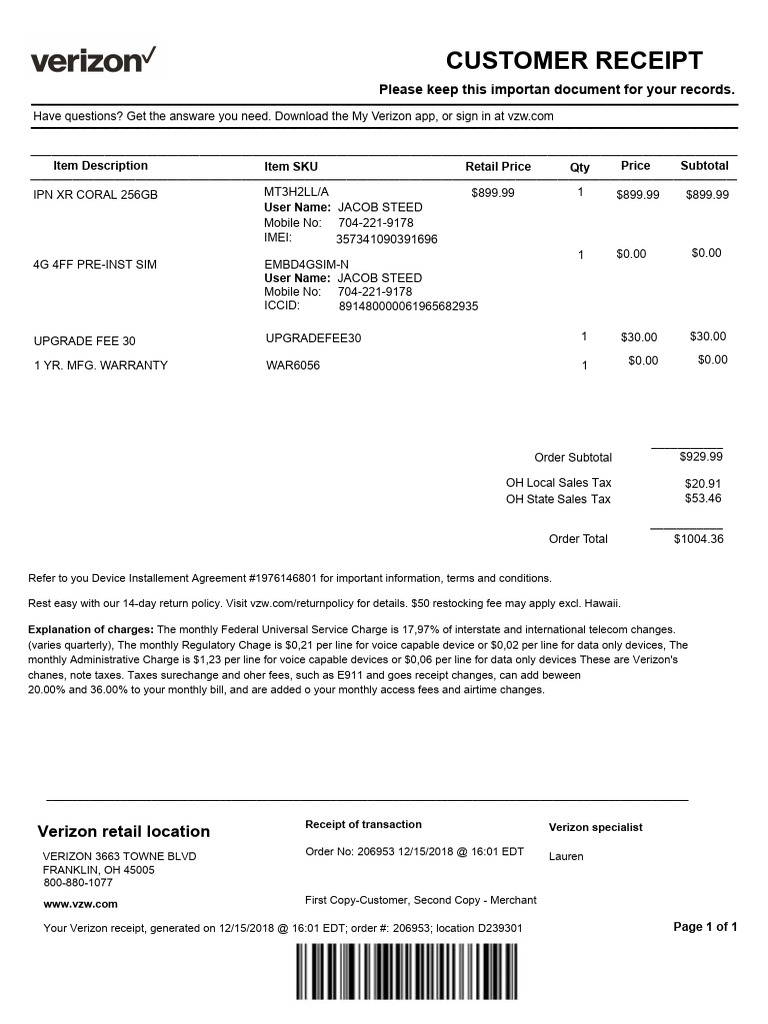 Verizon Purchase Receipt | PDF | Receipt | Service Industries