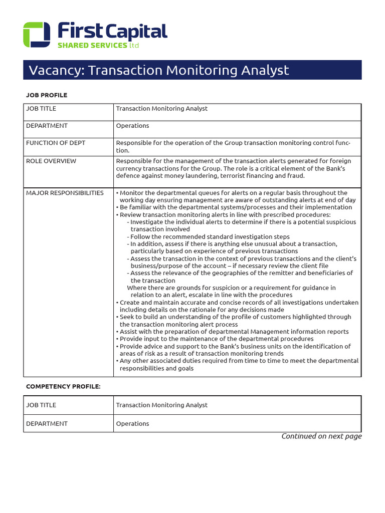 Transaction Monitoring Analyst | PDF | Regulatory Compliance | Banks