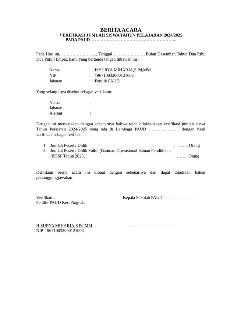 Paud Berita Acara Pengesahan Bosp THN 2025 | PDF