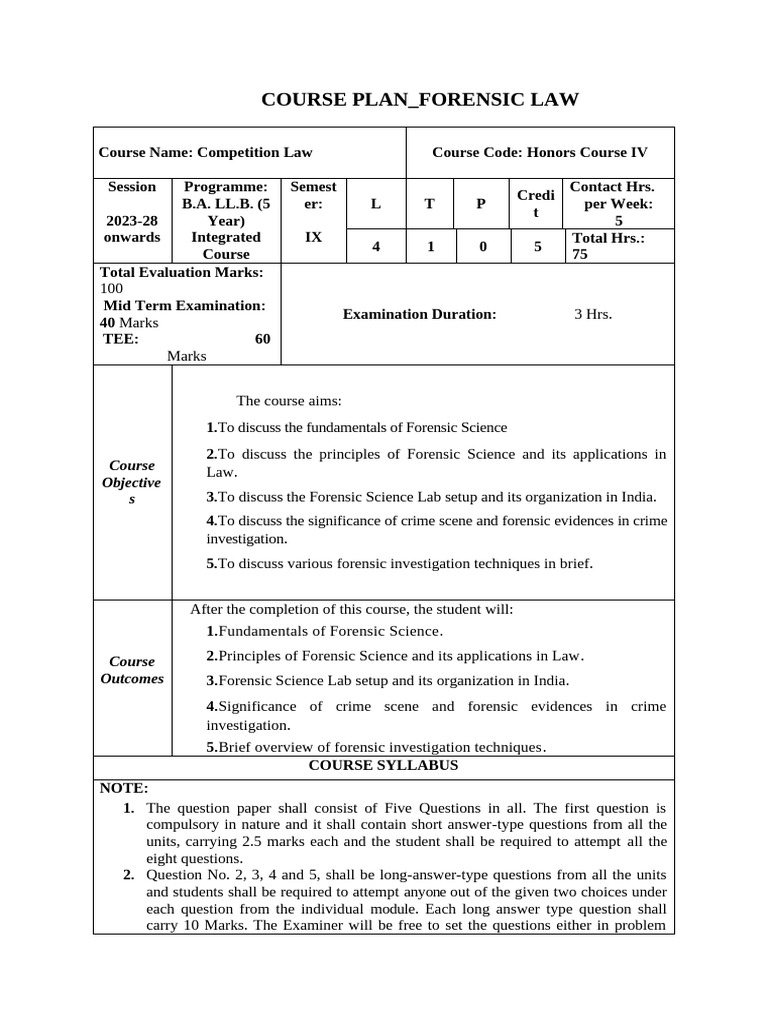 Forensic Law Course Plan: B.A. LL.B. | PDF | Forensic Science | Crime Scene