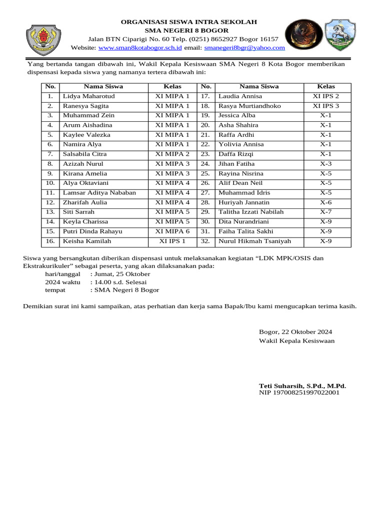 Surat Dispen Peserta Ldk Mpk (1) | PDF