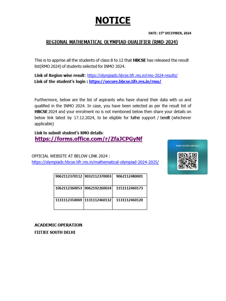 RMO 2024 Results and INMO Selection | PDF