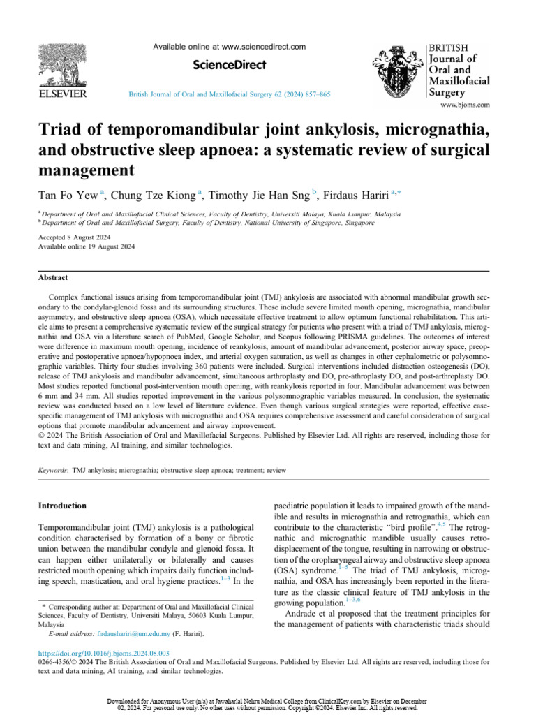 Triad of Temporomandibular Joint Ankylosis, Micrognathia, and ...