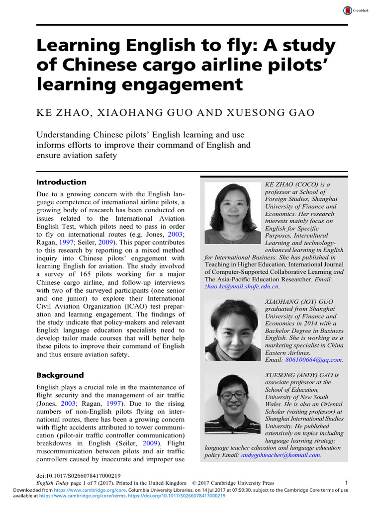 Learning English To Fly A Study of Chinese Cargo Airline Pilots ...