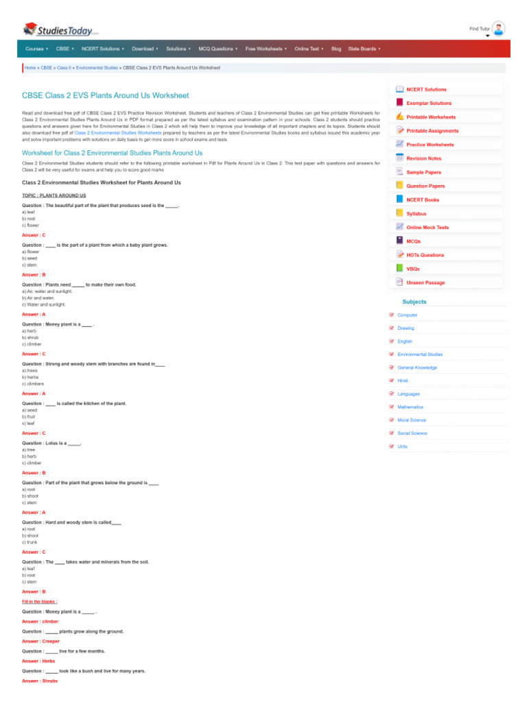 Screencapture Studiestoday Printable Worksheet Environmental Studies Cbse Class 2 Evs Practice ...