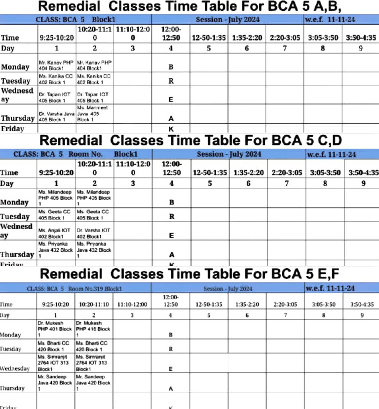 BCA 5 Remedial Classes Timetable | PDF