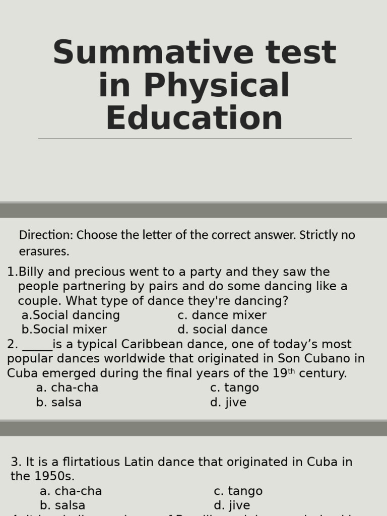 Summative Test in Physical Education | PDF | Ballroom Dance | Dances