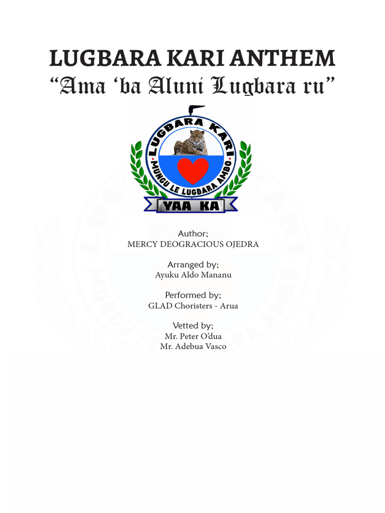 Lugbara Kari Official Anthem Booklet | PDF | Choir