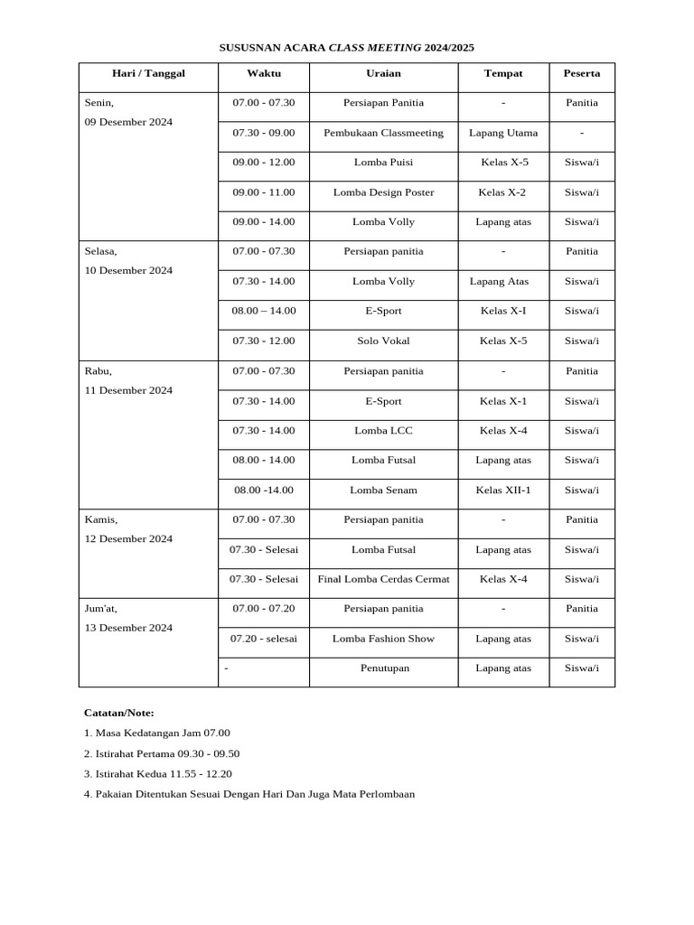 Susunan Acara Class Meeting 2024/2025 | PDF