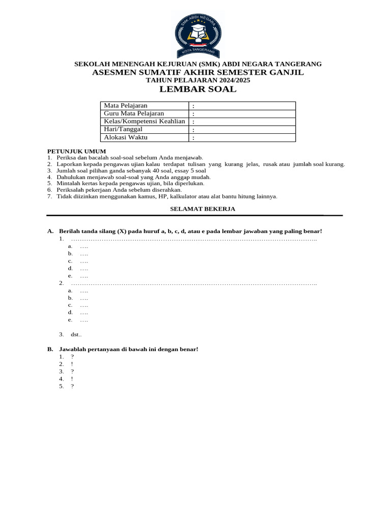Template Lembar Soal SMK | PDF