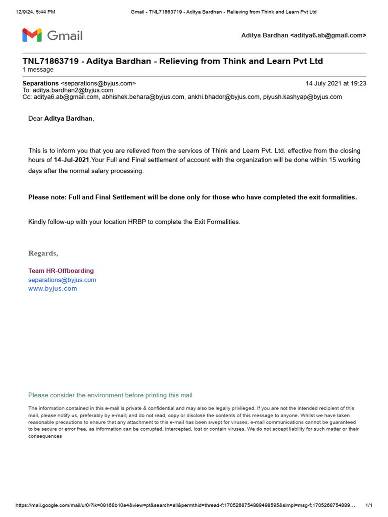 Byju's Relieving Letter for Aditya Bardhan | PDF