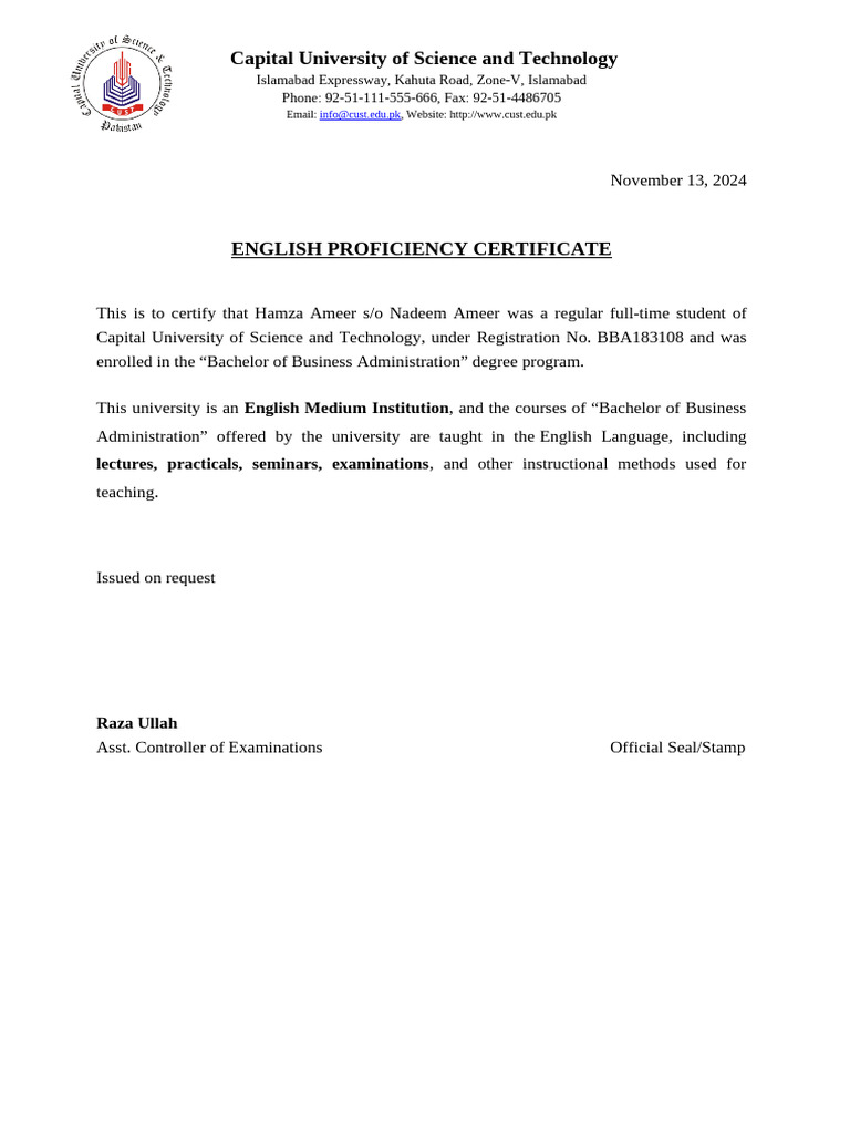 English Proficiency Certification | PDF