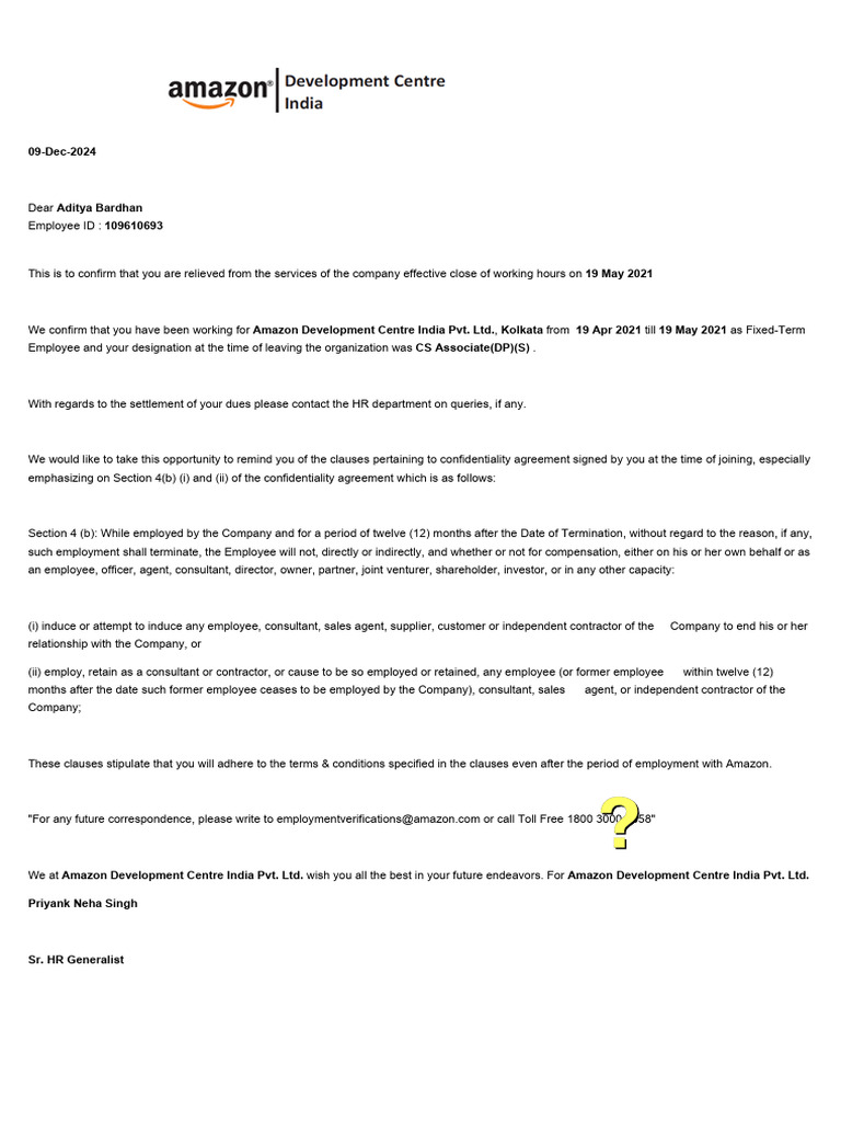 Amazon Relieving Letter Confirmation | PDF | Employment | Justice