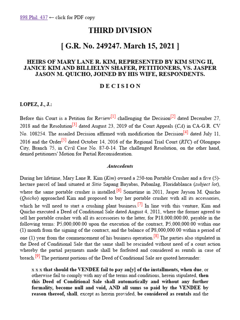 Heirs of Kim v. Quicho: Contract Rescission | PDF | Breach Of Contract ...