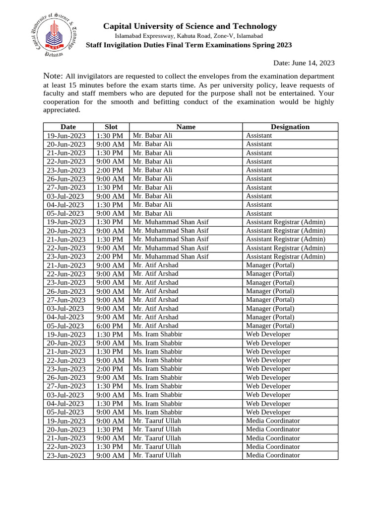 Staff Invigilation Schedule Spring 2023 | PDF