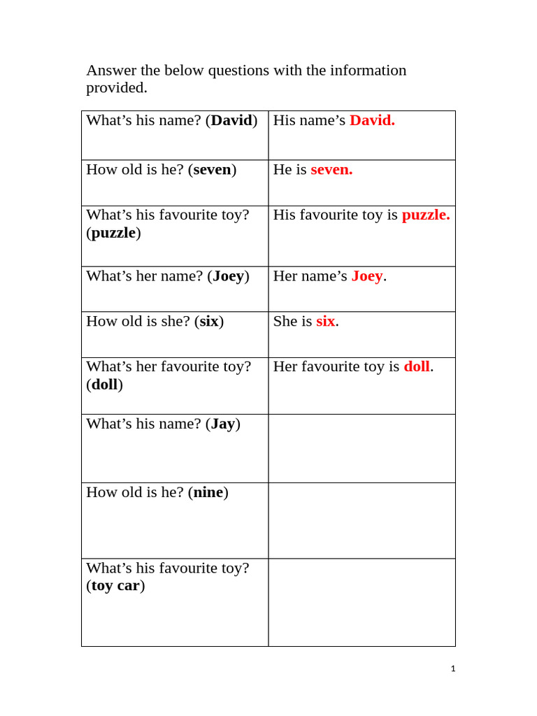 P1 Grammar Exercise: Toy Preferences | PDF