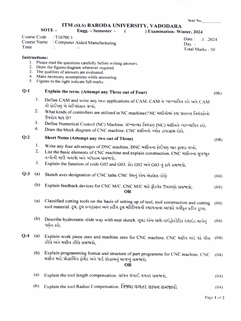 Computer Aided Manufacturing Exam Paper | PDF | Numerical Control ...