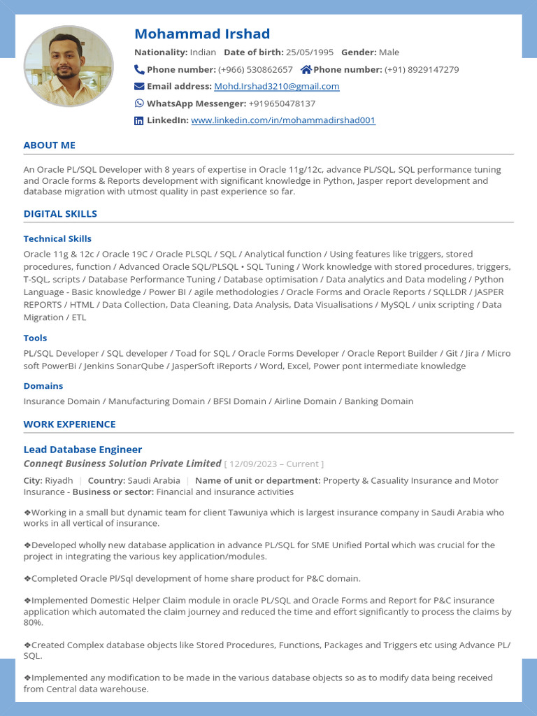 Oracle Samle Cv | PDF | Pl/Sql | Databases