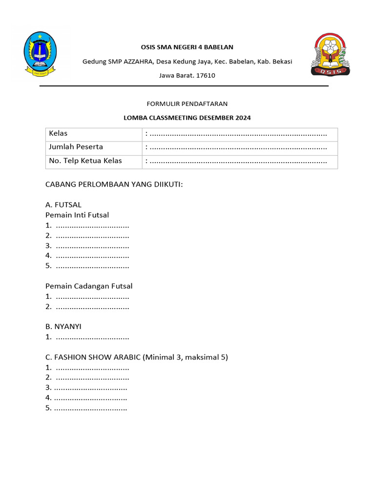 Formulir Lomba Classmeeting 2024 | PDF