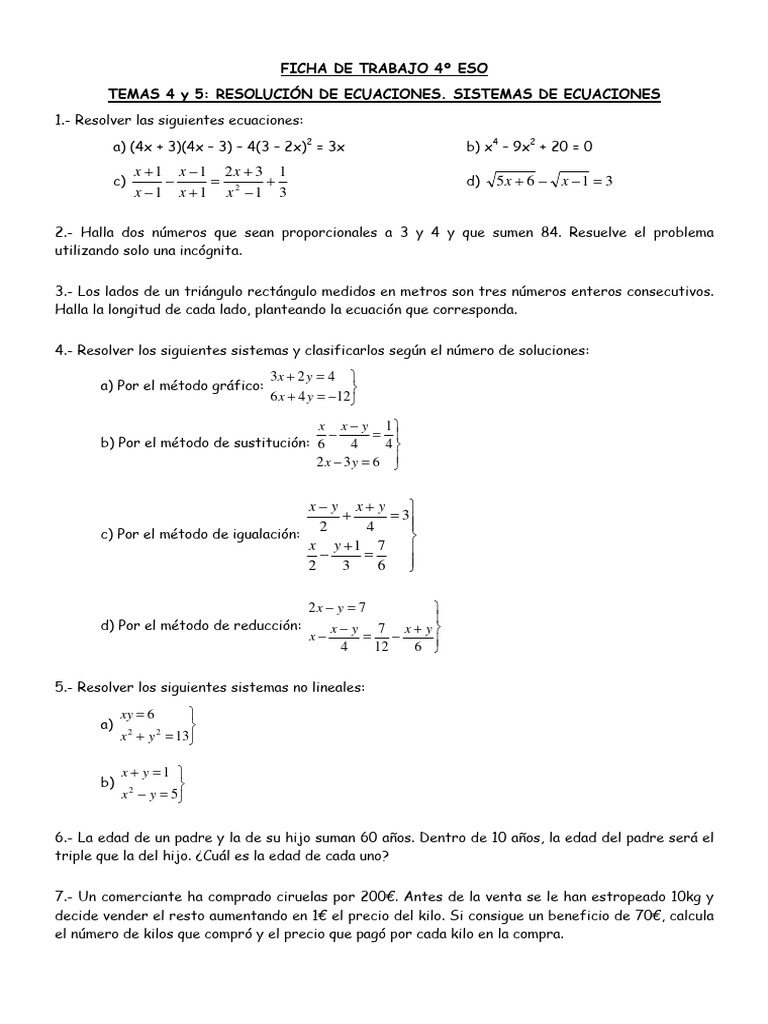 Ficha De Trabajo T 4 Y 5 4º Eso Pdf Ecuaciones Sistema De