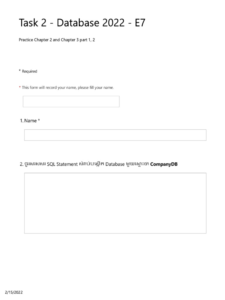 Task 2 - Database 2022 - E7 (Preview) Microsoft Forms | PDF