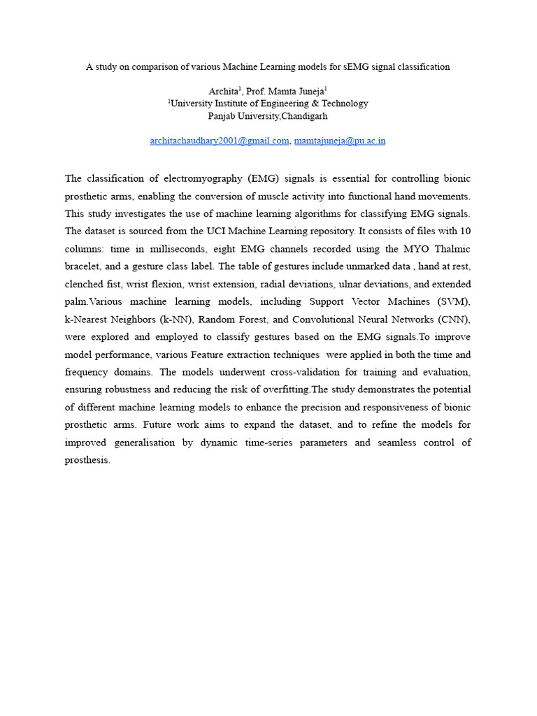 A Study on Comparison of Various Machine Learning Models for SEMG ... A Study on Comparison of Various Machine Learning Models for SEMG ...