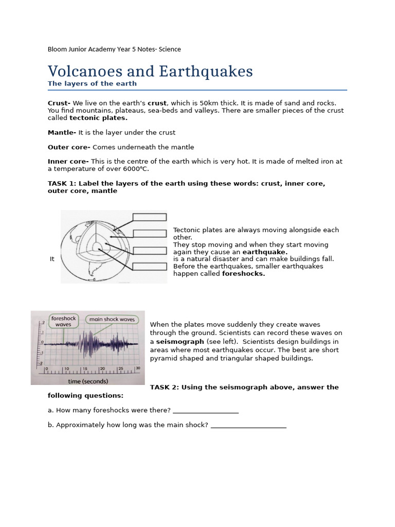 Year 5 Science Notes - Volcanoes and Earthquakes-1 | PDF
