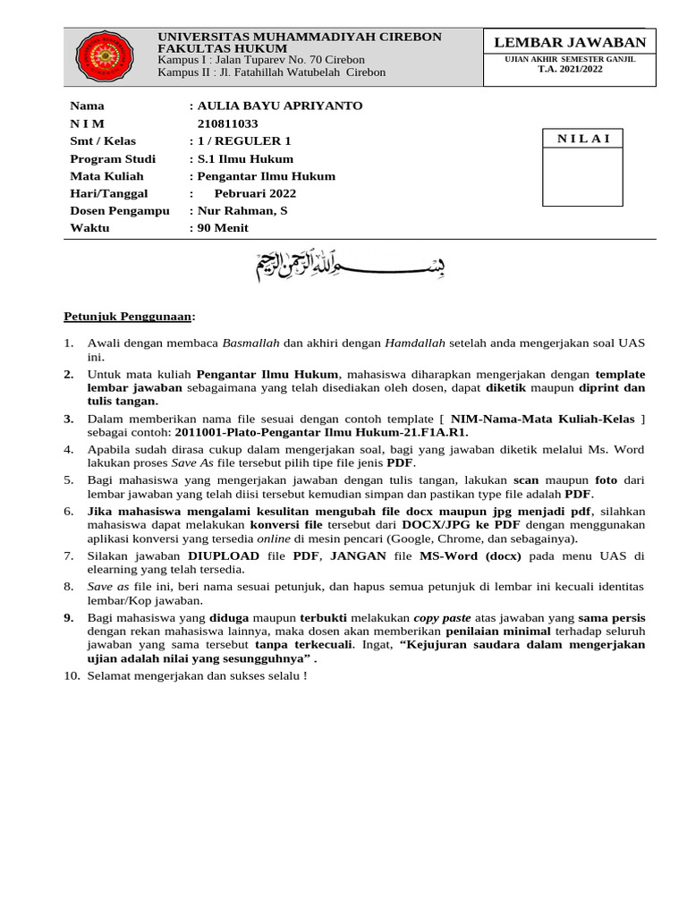 Lembar Jawaban UAS 2021-2022 | PDF