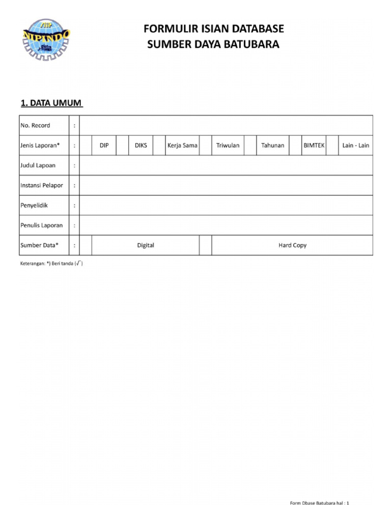 Form Pengisian Database Batubara | PDF