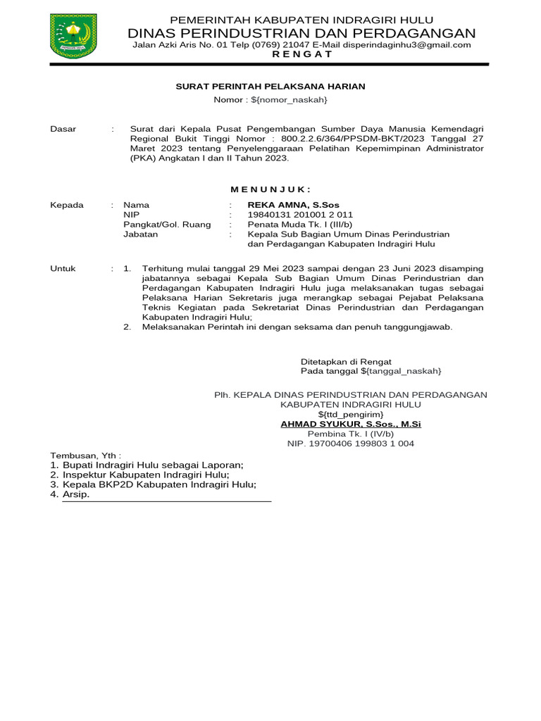 Surat Tugas Pelaksana Harian | PDF